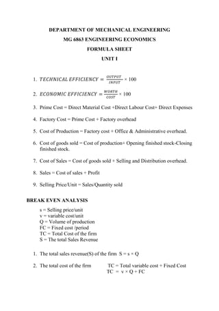 MG 6863 FORMULA SHEET ENGINEERING ECONOMICS | PDF