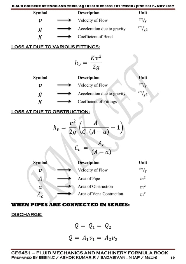 FLUID MECHANICS AND MACHINERY FORMULA BOOK | PDF | Physics | Science