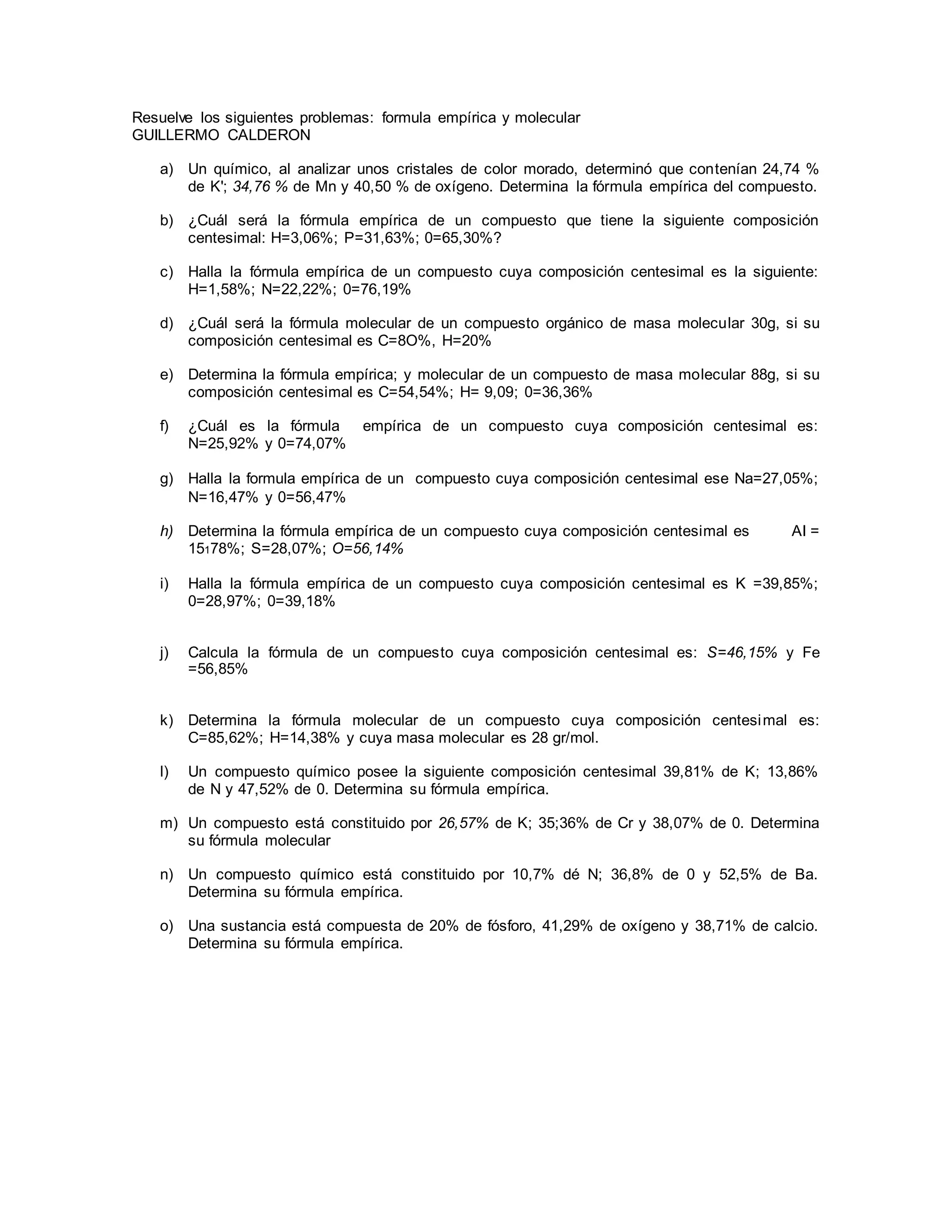 Formula empirica y molecular | DOCX | Chemistry | Science