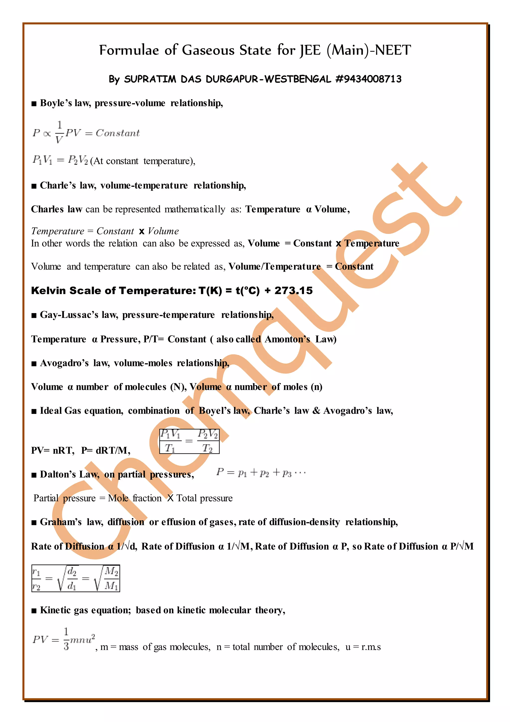 Formulae of gaseous state for jee | PDF