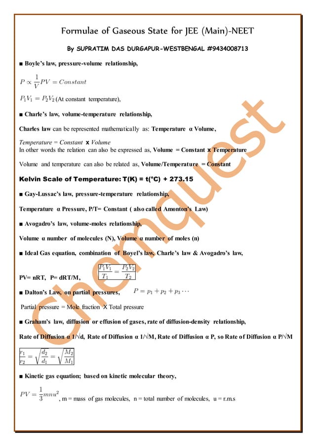 Formulae of gaseous state for jee | PDF