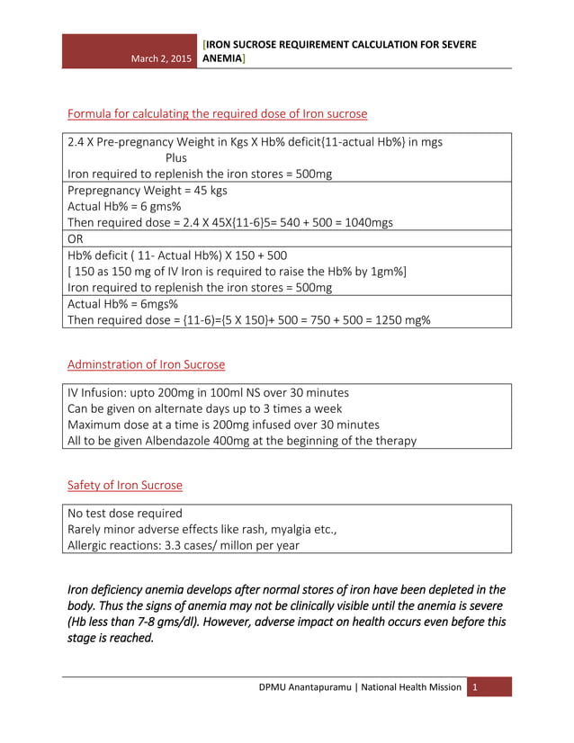 Formula for calculating the required dose of iron sucrose | PDF