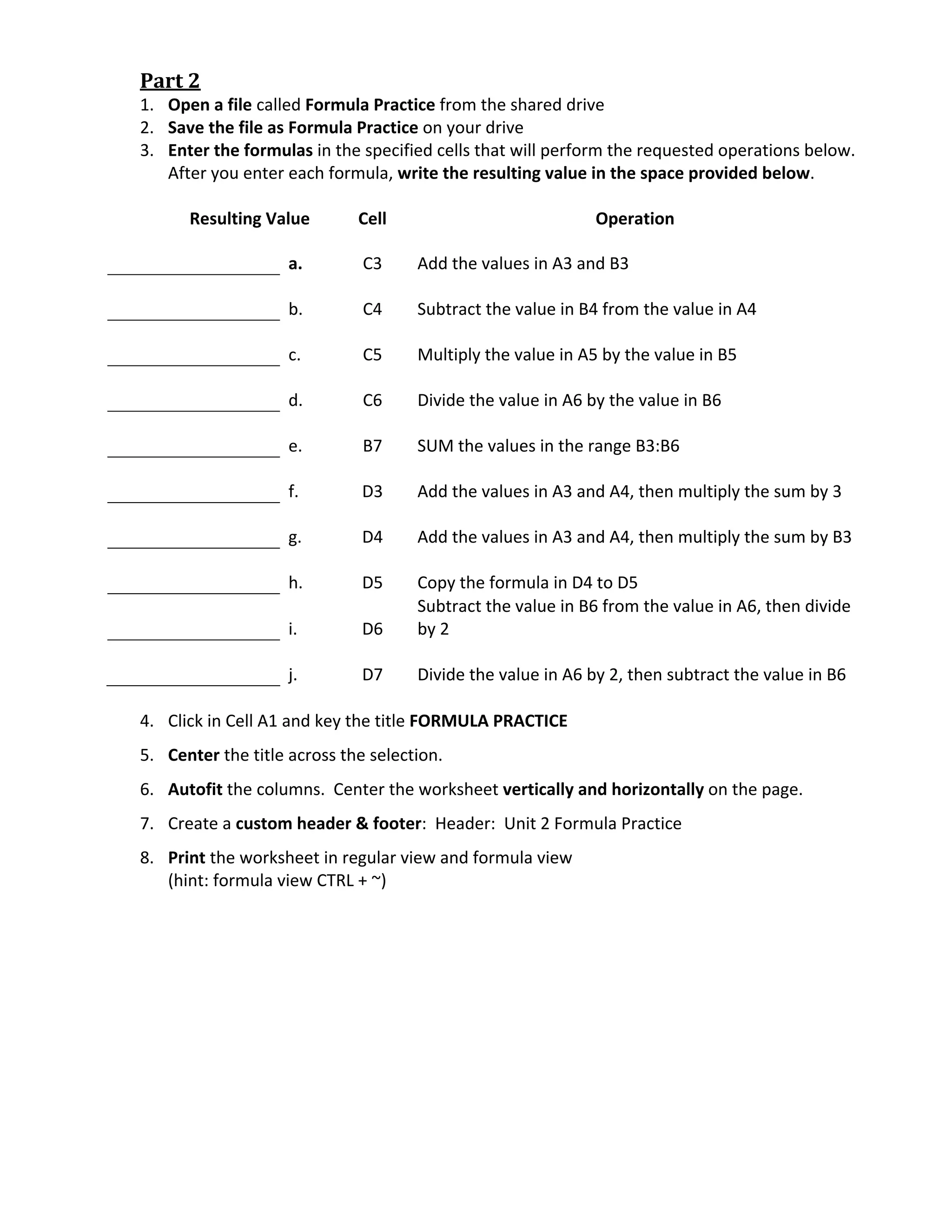 Formula practice worksheet | PDF | Business Accounting & Finance | Business