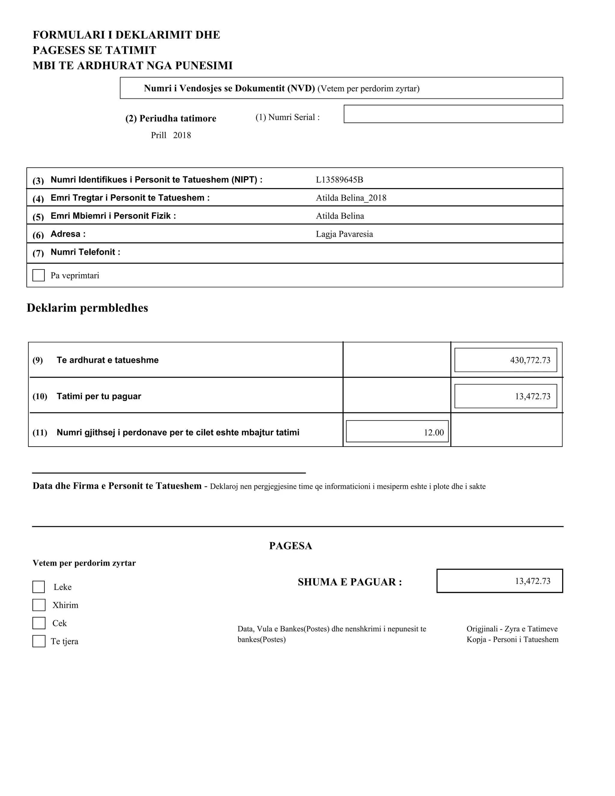 Formulari i deklarimit dhe pageses se tatimit | PDF