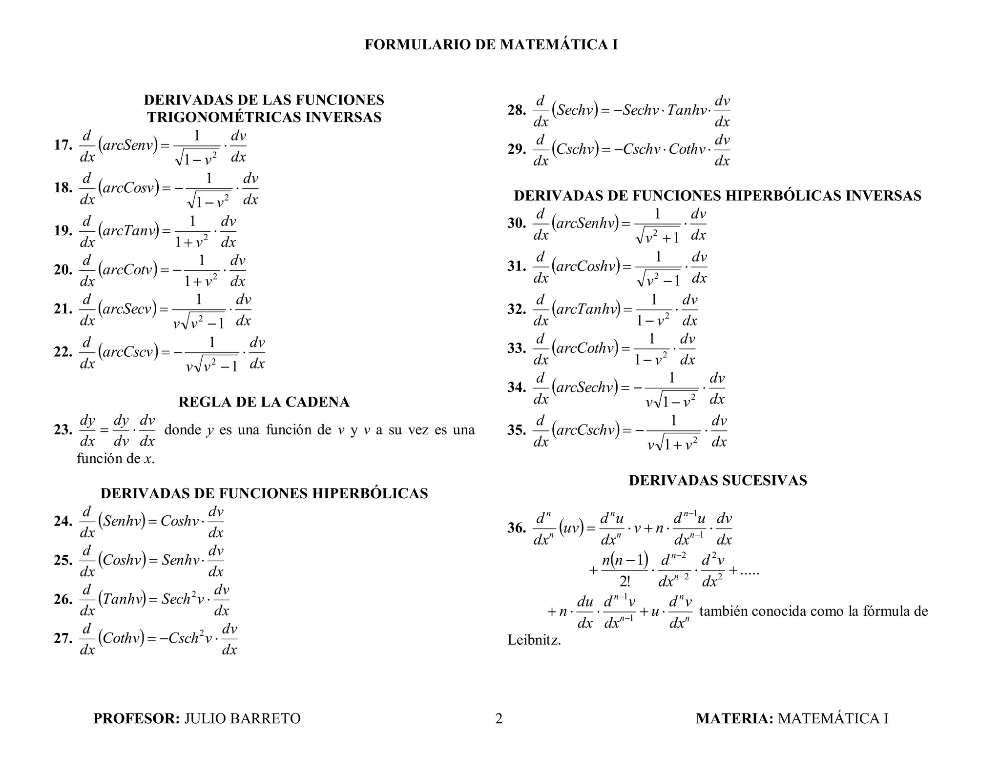 Formulario de derivadas e integrales matematica i uney | PDF | Physics ...