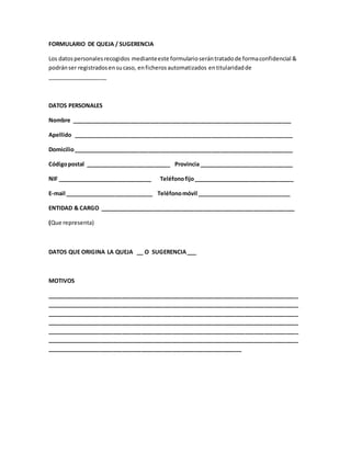 Plantilla De Formulario De Queja Del Cliente