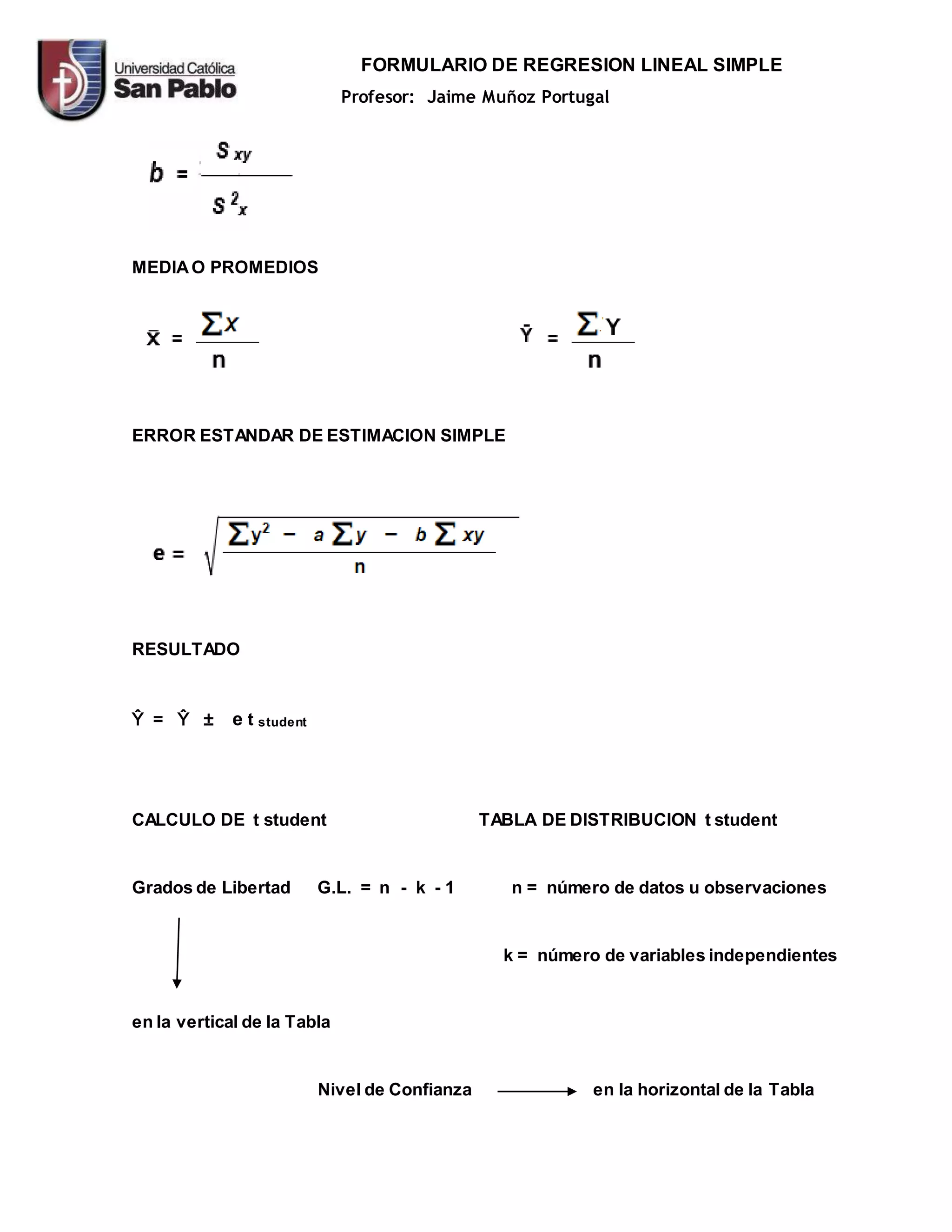Formulario de regresion lineal simple | PDF