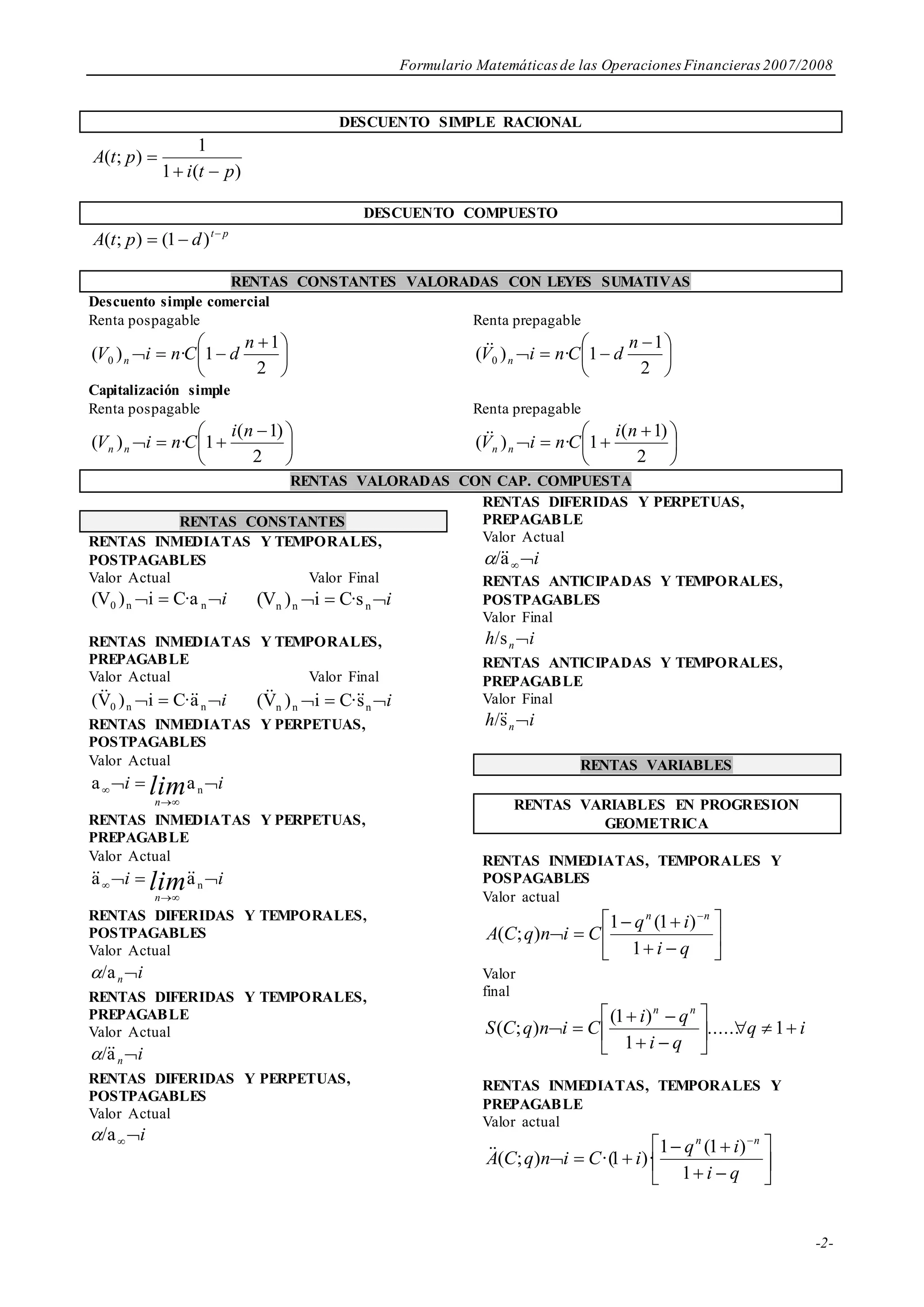 Formulario matematicas financieras | PDF