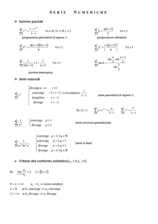 Formulario serie numeriche serie notevoli, serie di potenze, criteri di ...