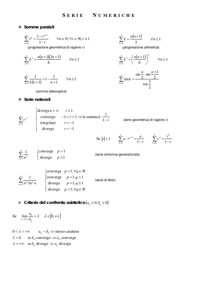 Formulario serie numeriche serie notevoli, serie di potenze, criter…