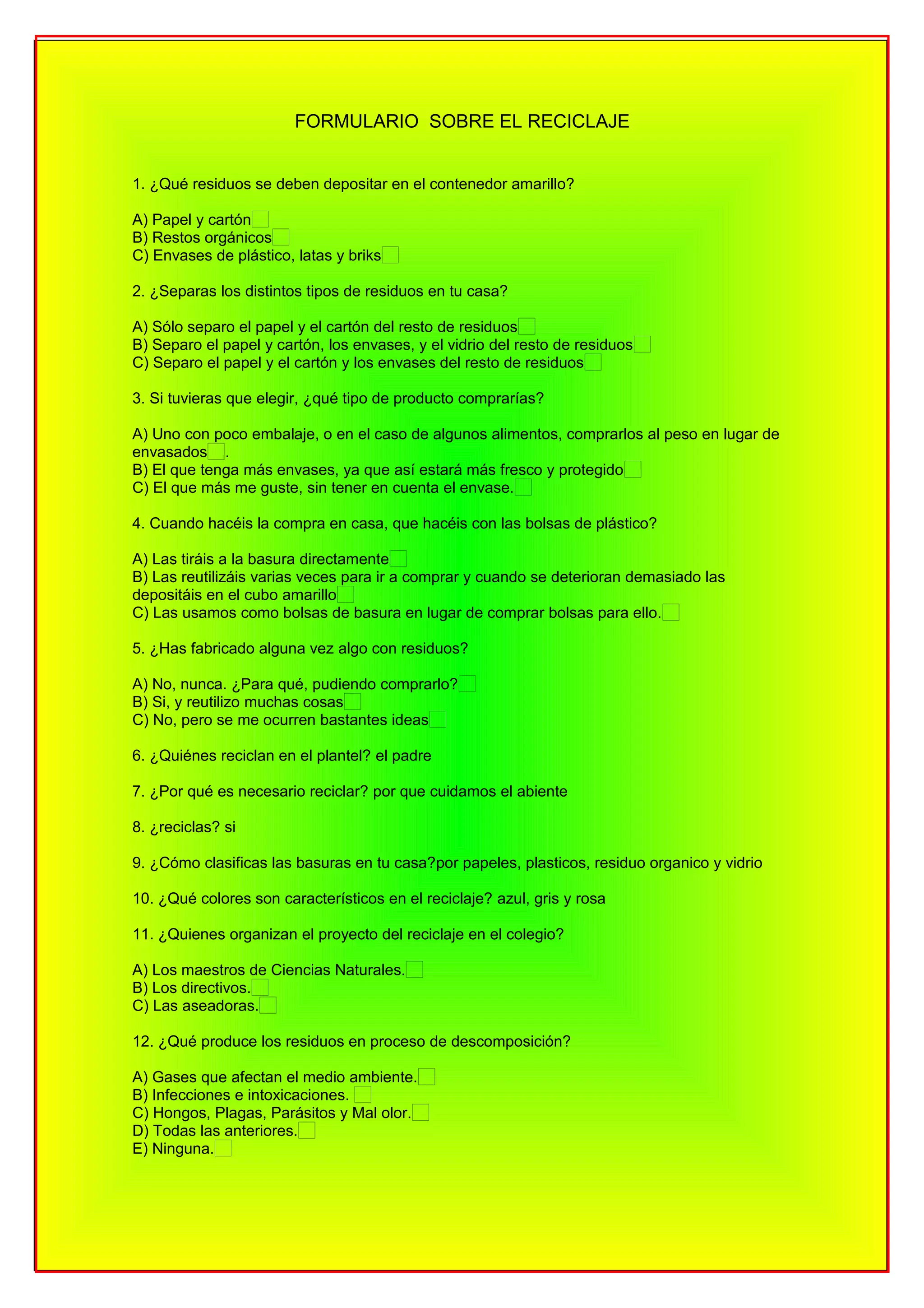 Formulario Sobre El Reciclaje | DOC
