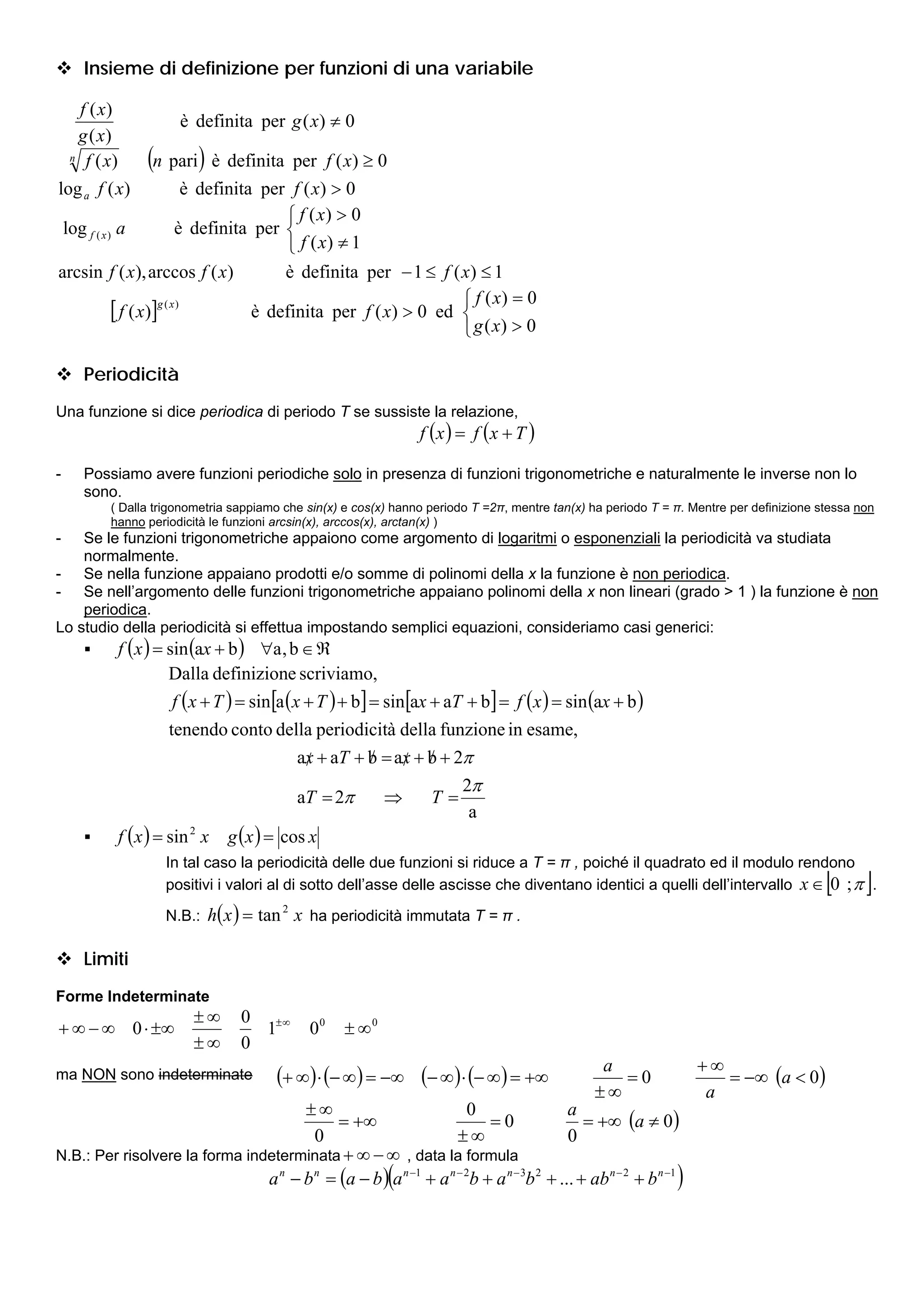 Formulario studio di funzione campi di esistenza, limiti notevoli e ...