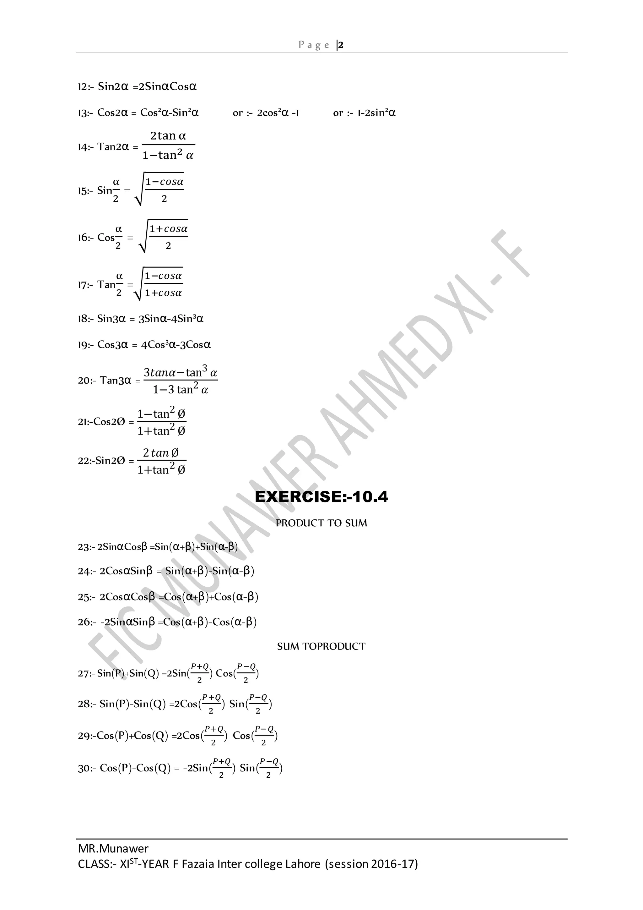 Formulas , formulae for class xi math | PDF