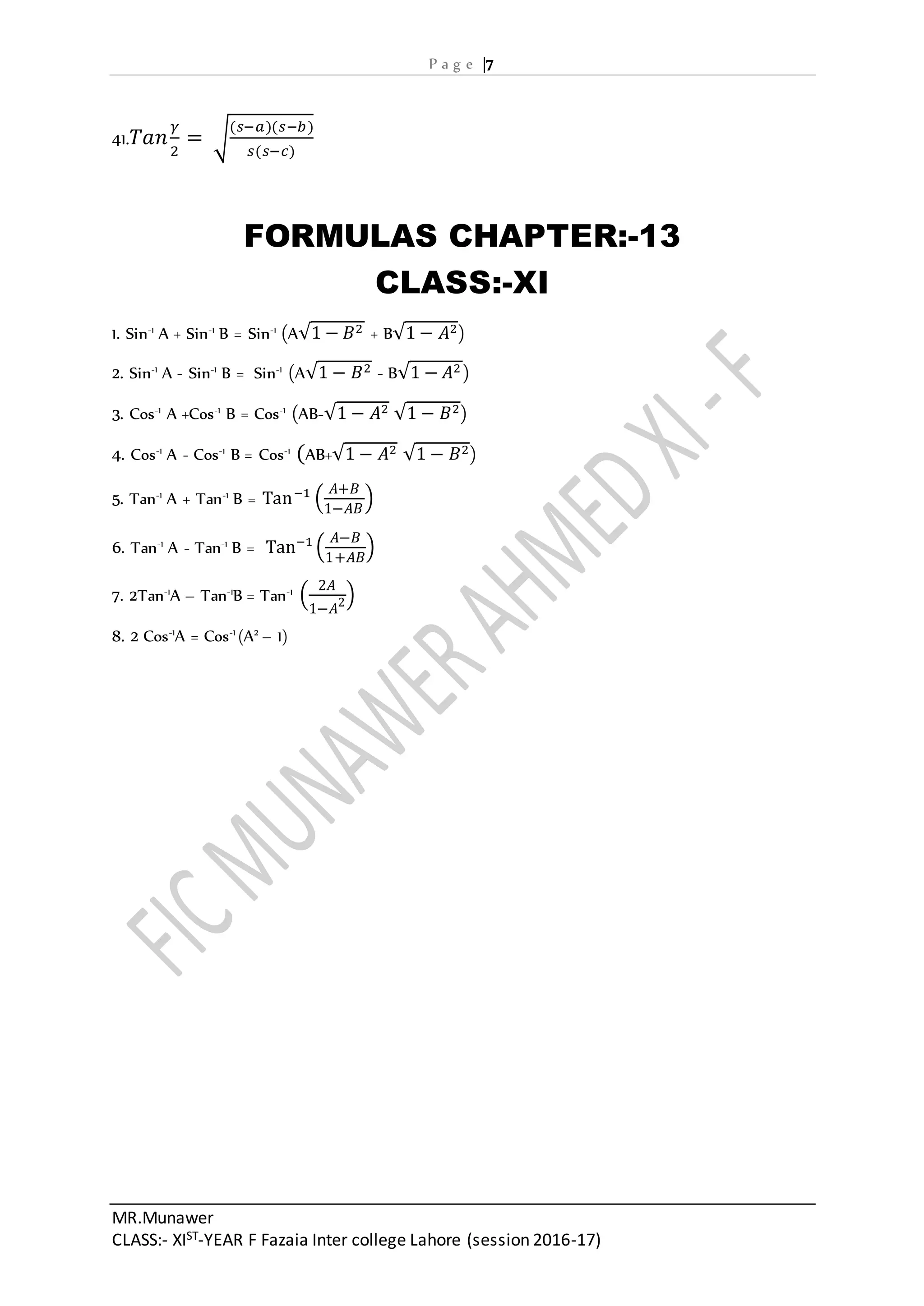 Formulas , formulae for class xi math | DOCX