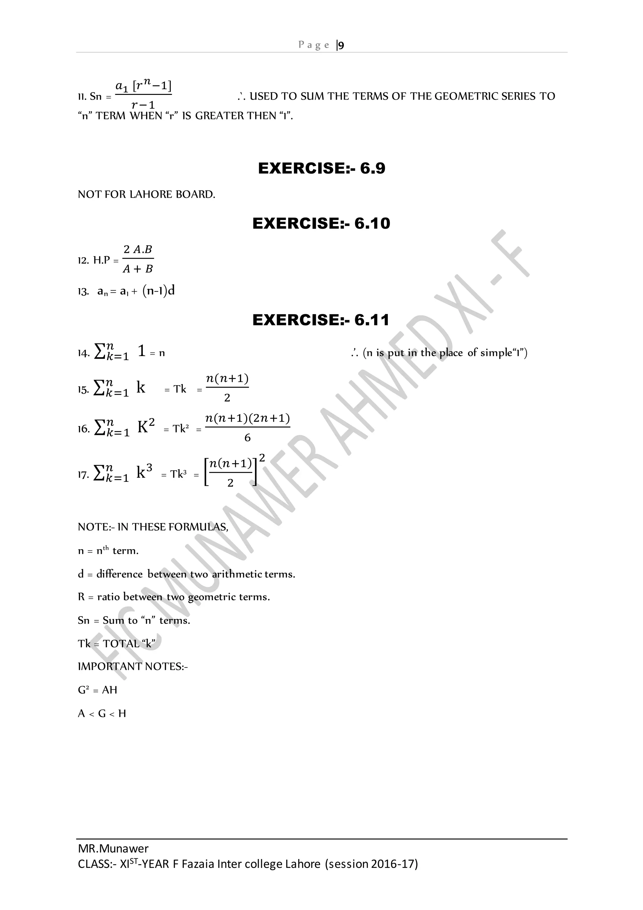 Formulas , formulae for class xi math | DOCX