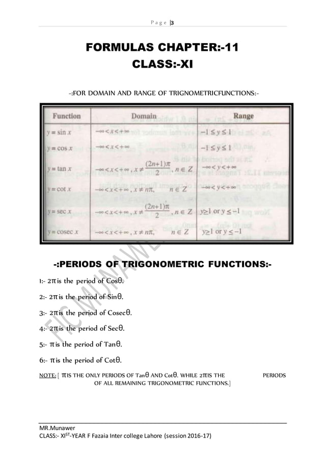 Formulas , formulae for class xi math | DOCX | Physics | Science