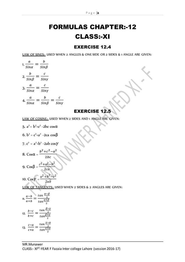 Formulas , formulae for class xi math | DOCX | Physics | Science