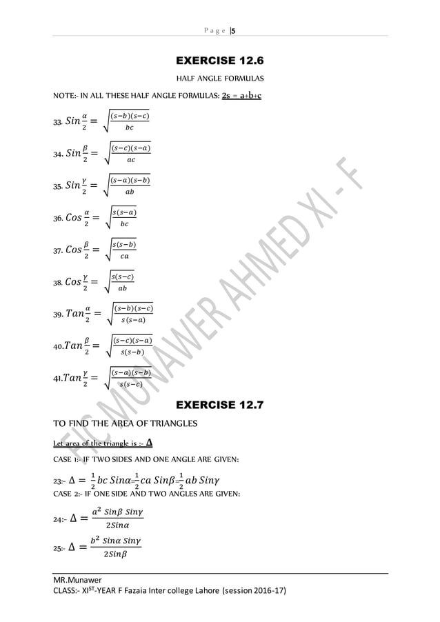 Formulas , formulae for class xi math | DOCX | Physics | Science