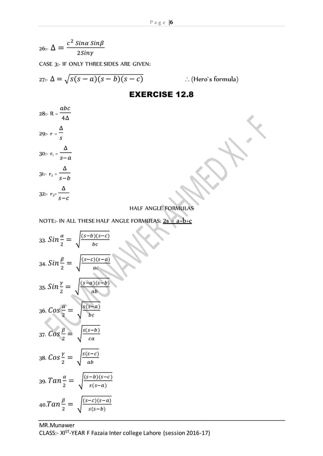 Formulas , formulae for class xi math | DOCX | Physics | Science