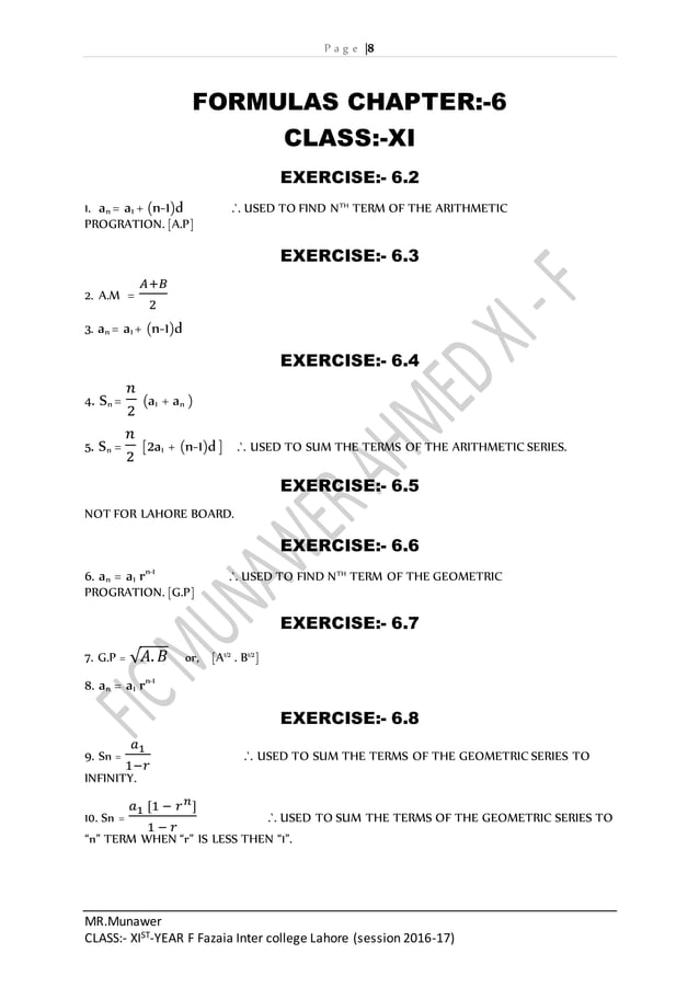 Formulas , formulae for class xi math | DOCX | Physics | Science