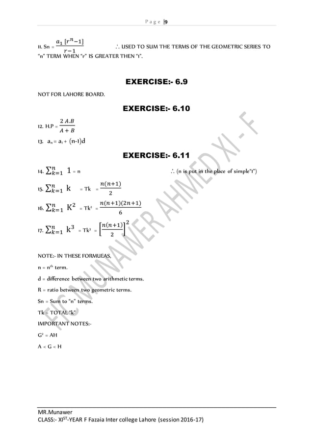 Formulas , formulae for class xi math | DOCX | Physics | Science