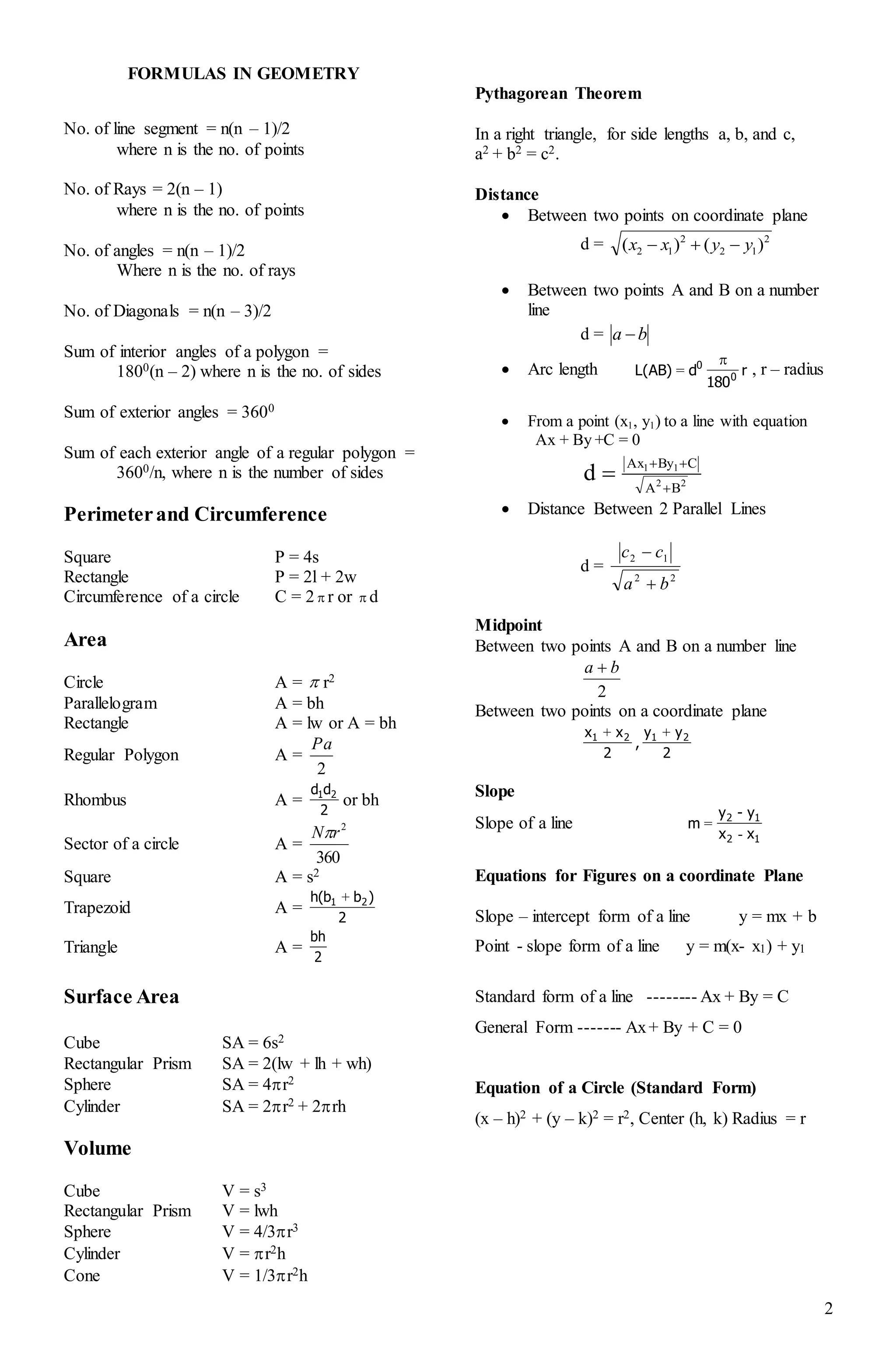 Formulas 2nd year to 4th year | DOC
