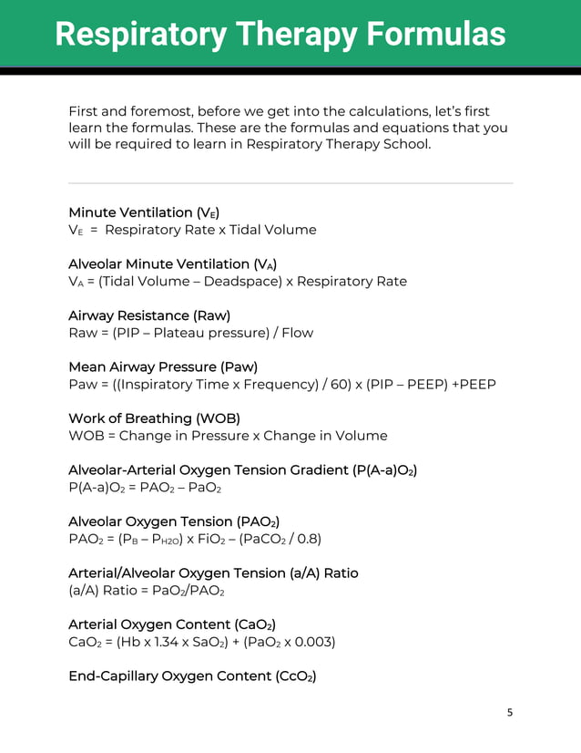 FormulasCalculationsCheatSheetRespiratoryTherapy.pdf | Lung and ...