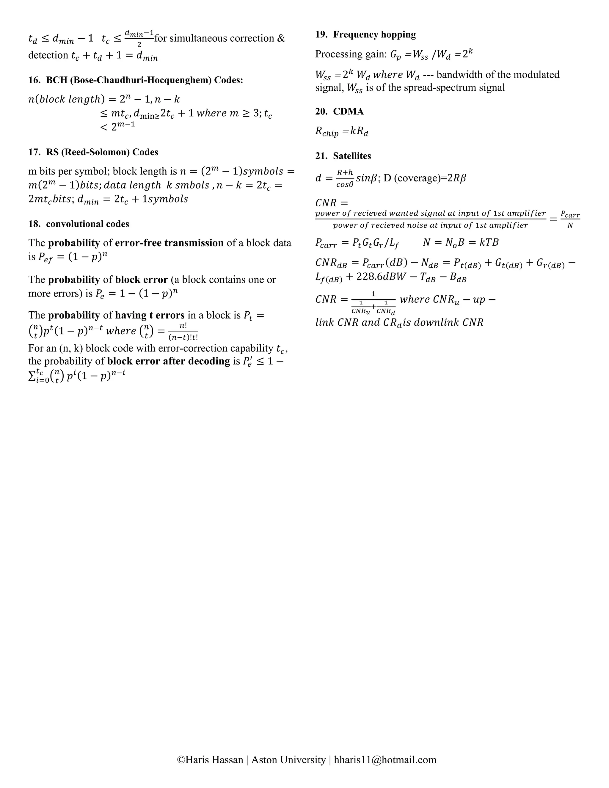 EE402B Radio Systems and Personal Communication Networks-Formula sheet ...