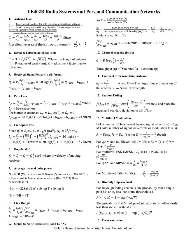 EE402B Radio Systems and Personal Communication Networks-Formula sheet | PDF