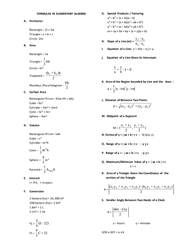 Formulas in elementary algebra | DOC | Physics | Science
