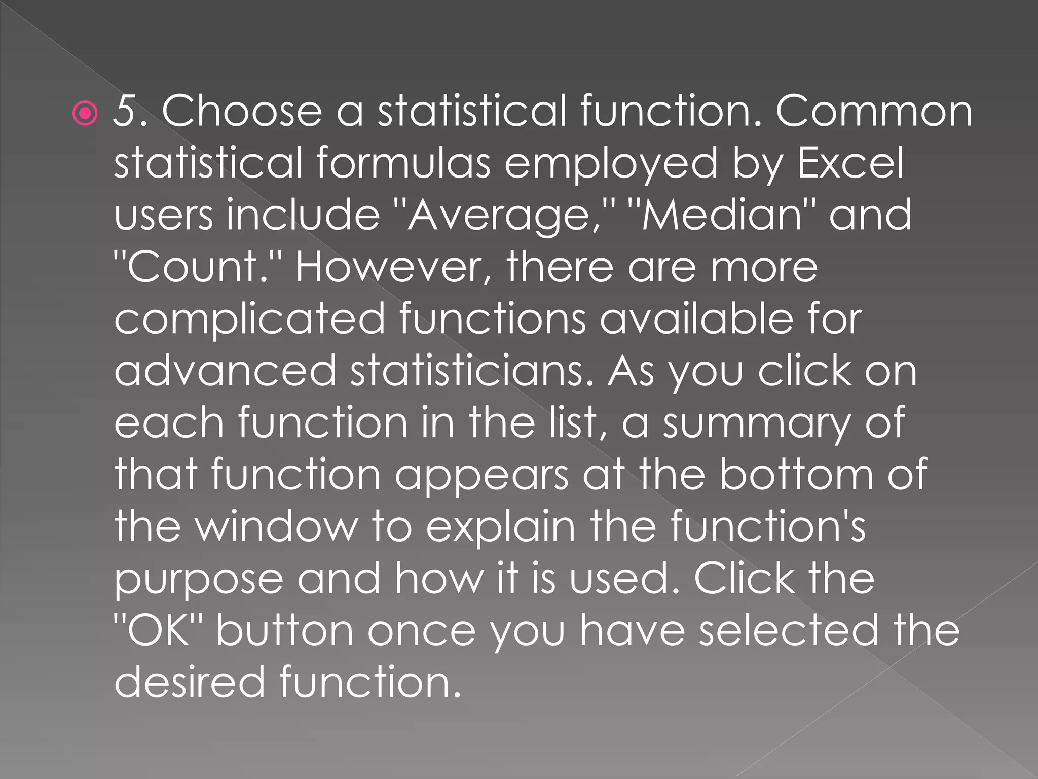Formulas in ms excel for statistics(report2 in ict math ed) | PPT
