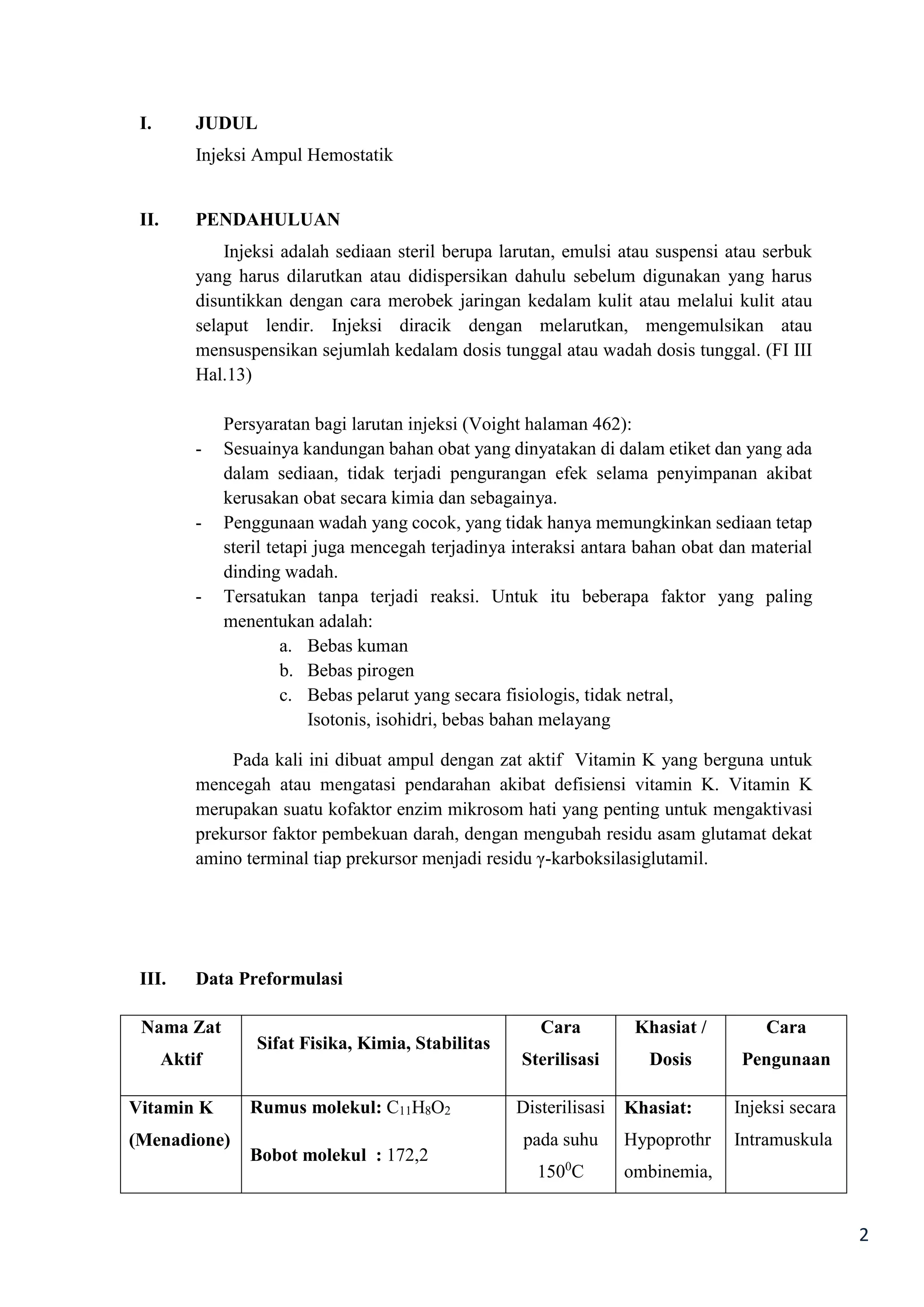 Formulasi Sediaan Steril Injeksi Ampul Hemostatik | PDF