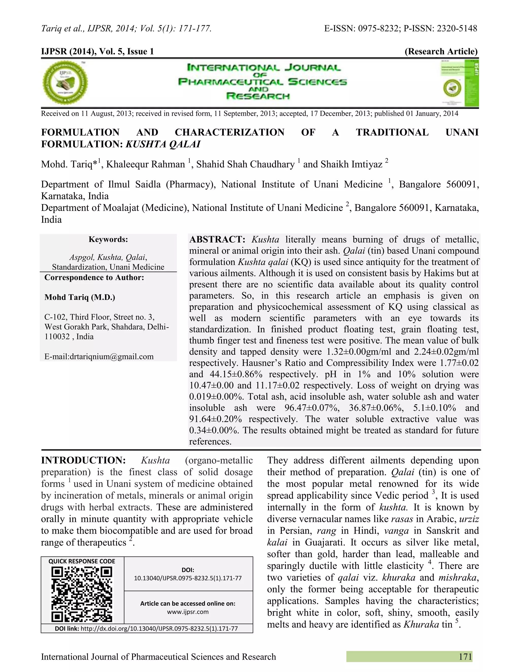 Formulation and characterization of a traditional unani formulation ...