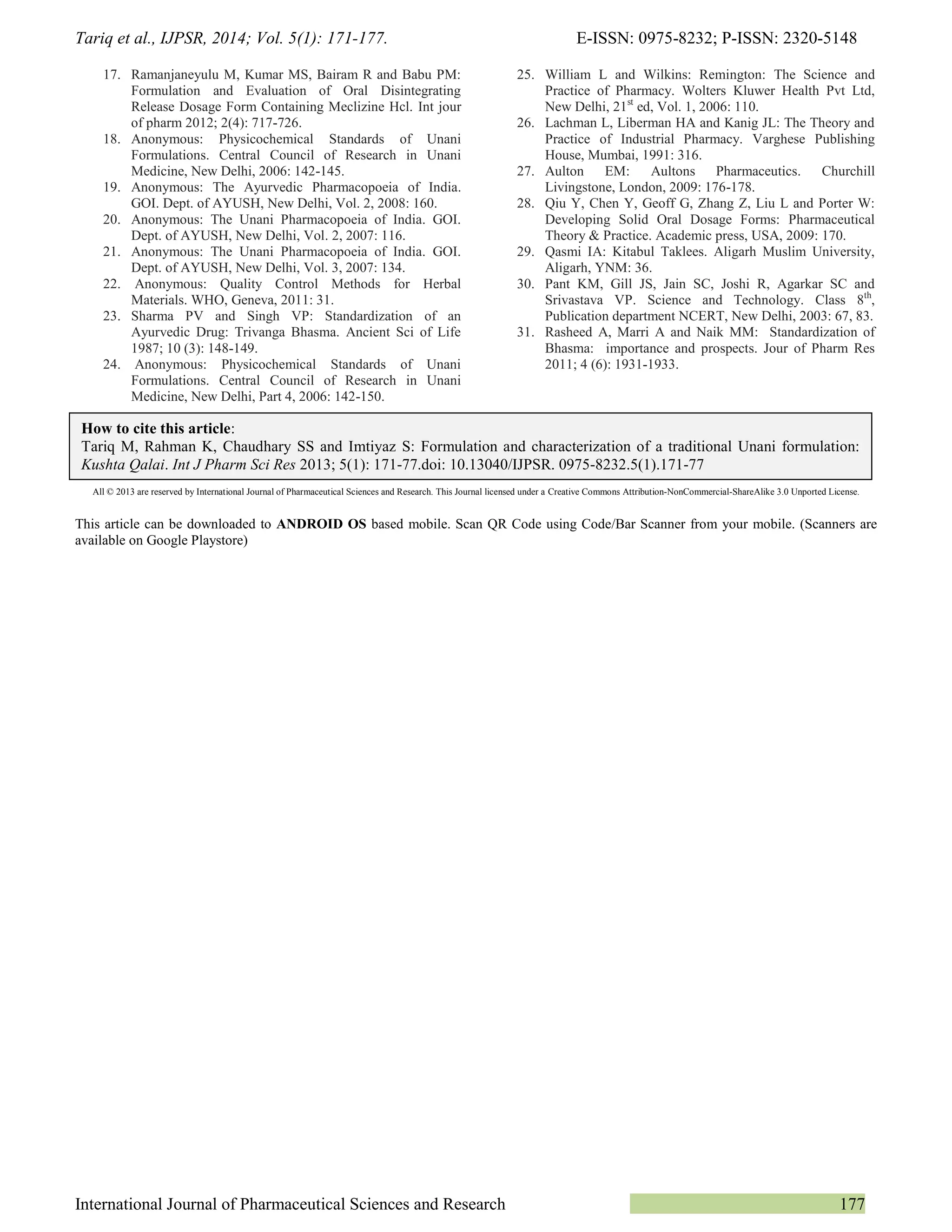 Formulation and characterization of a traditional unani formulation ...