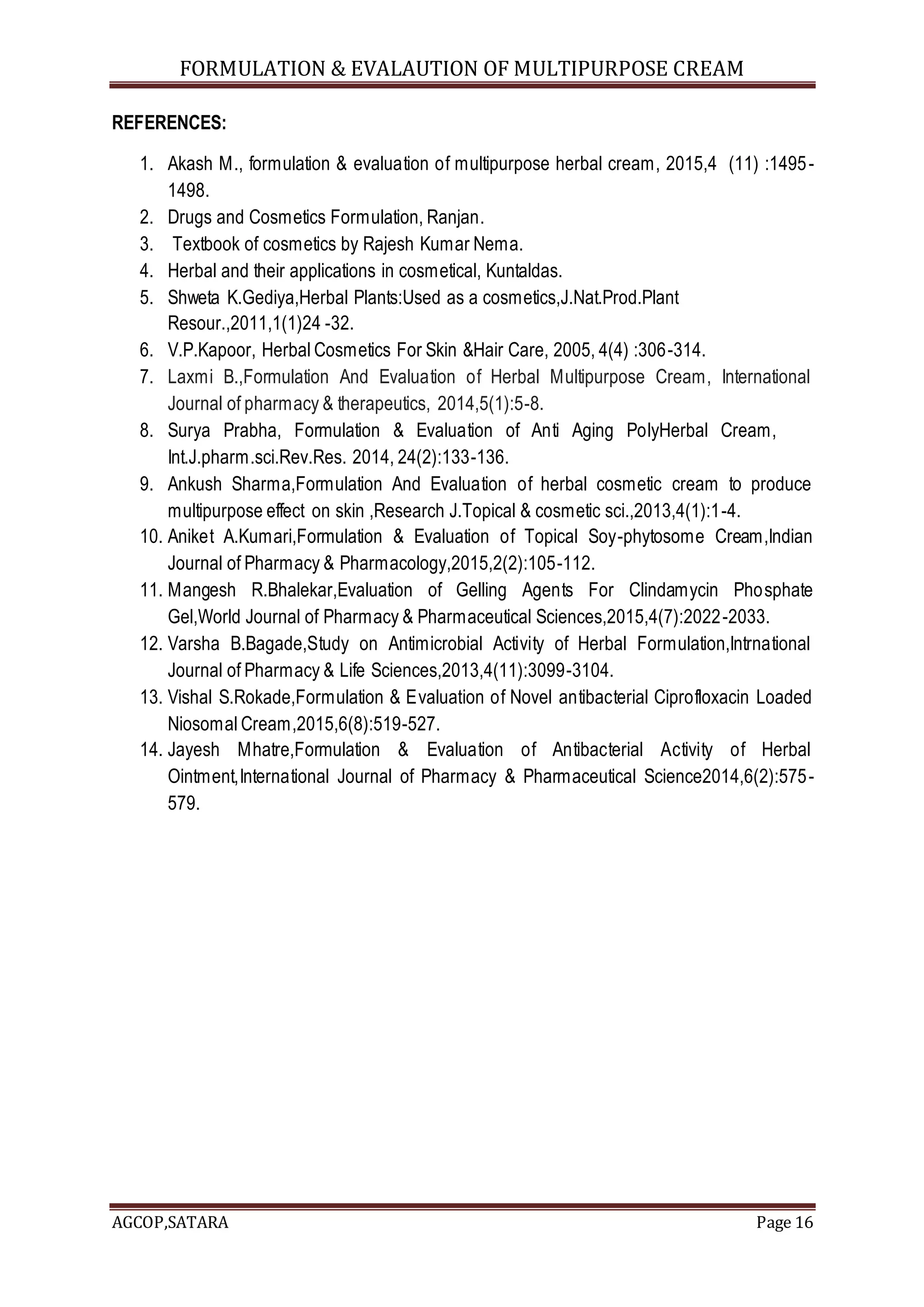 Formulation and evaluation of multipurpose herbal cream | DOCX