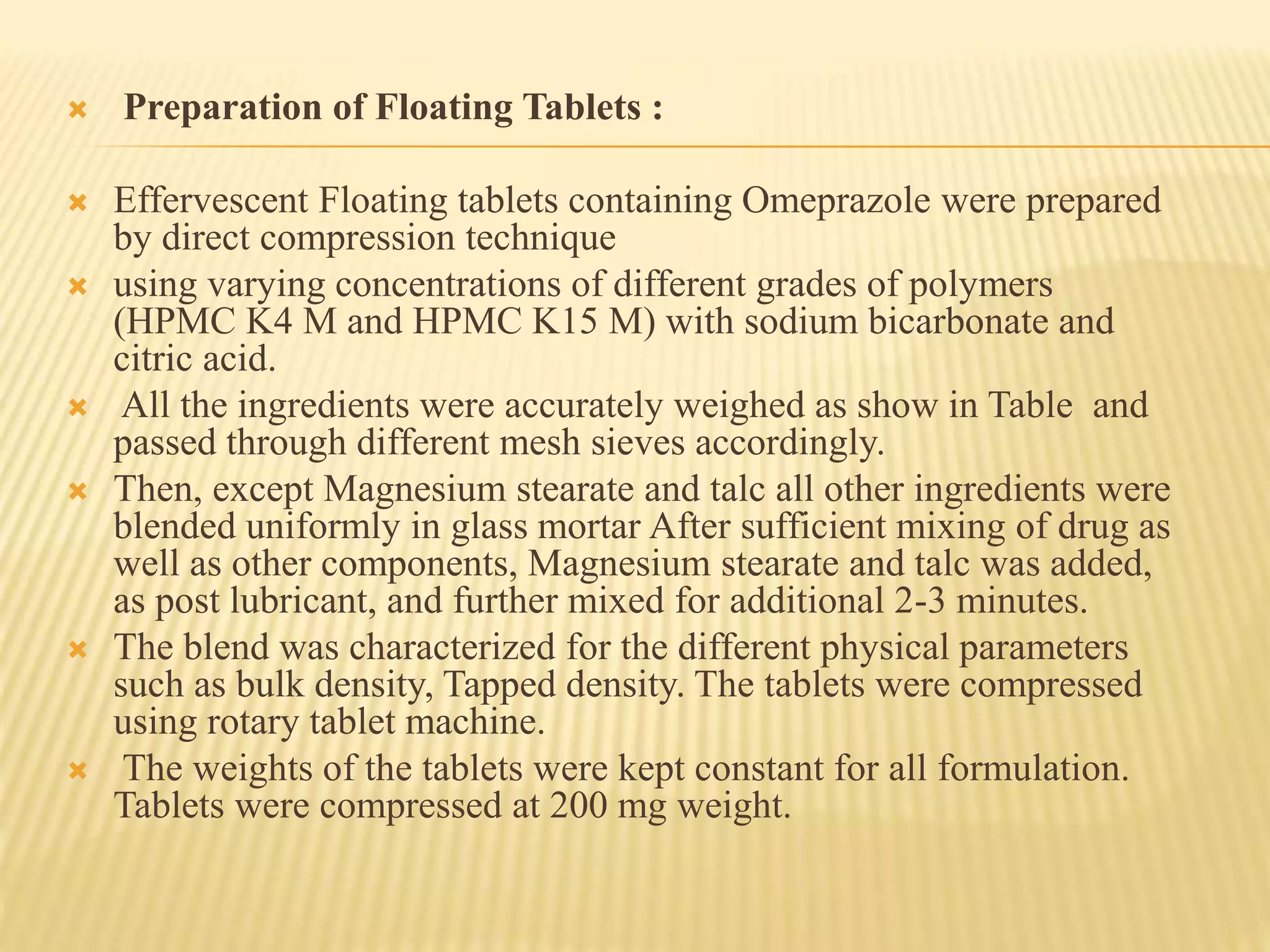 Formulation and evaluation of omeprazole floating tablets | PPTX