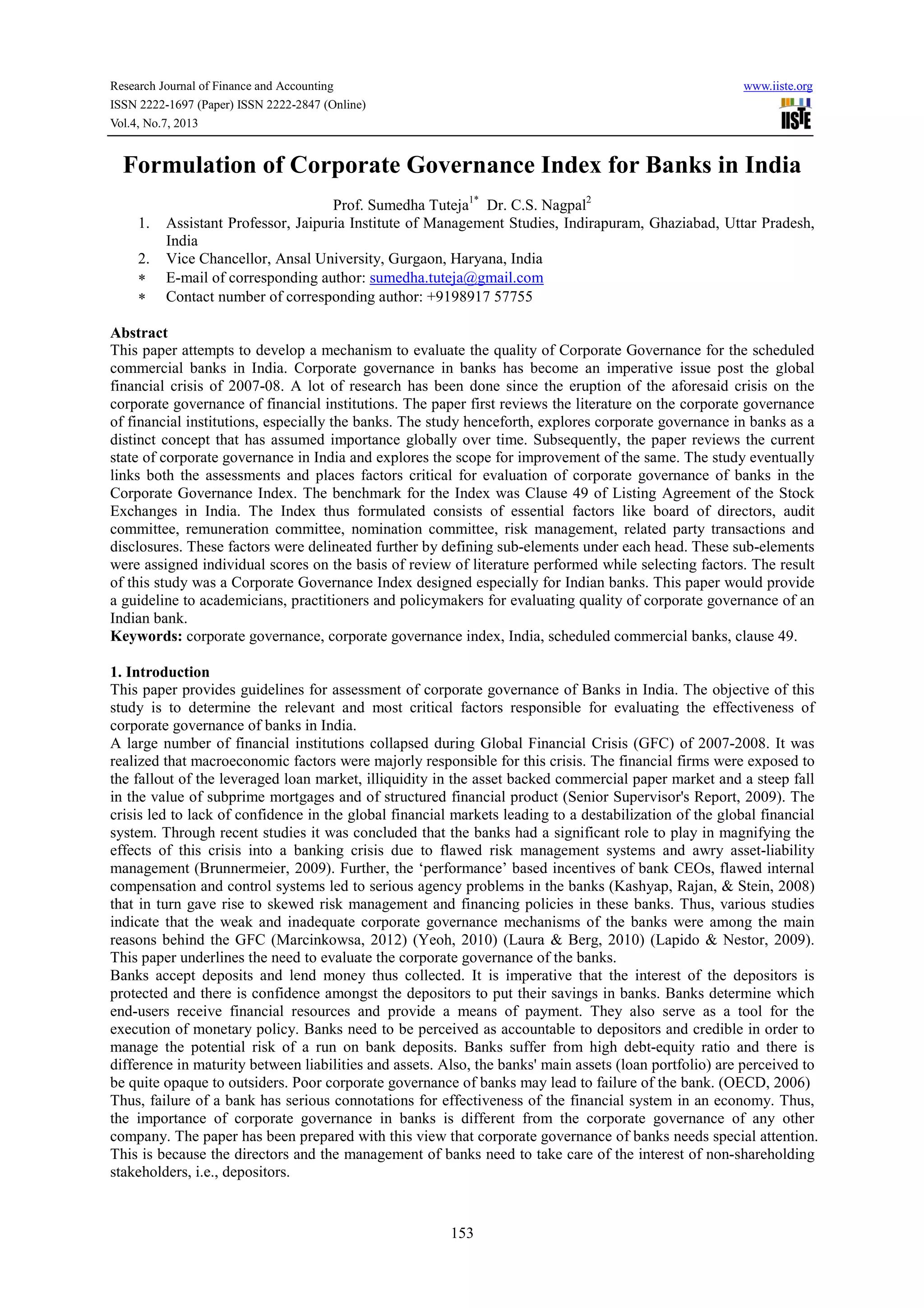 Formulation of corporate governance index for banks in india | PDF