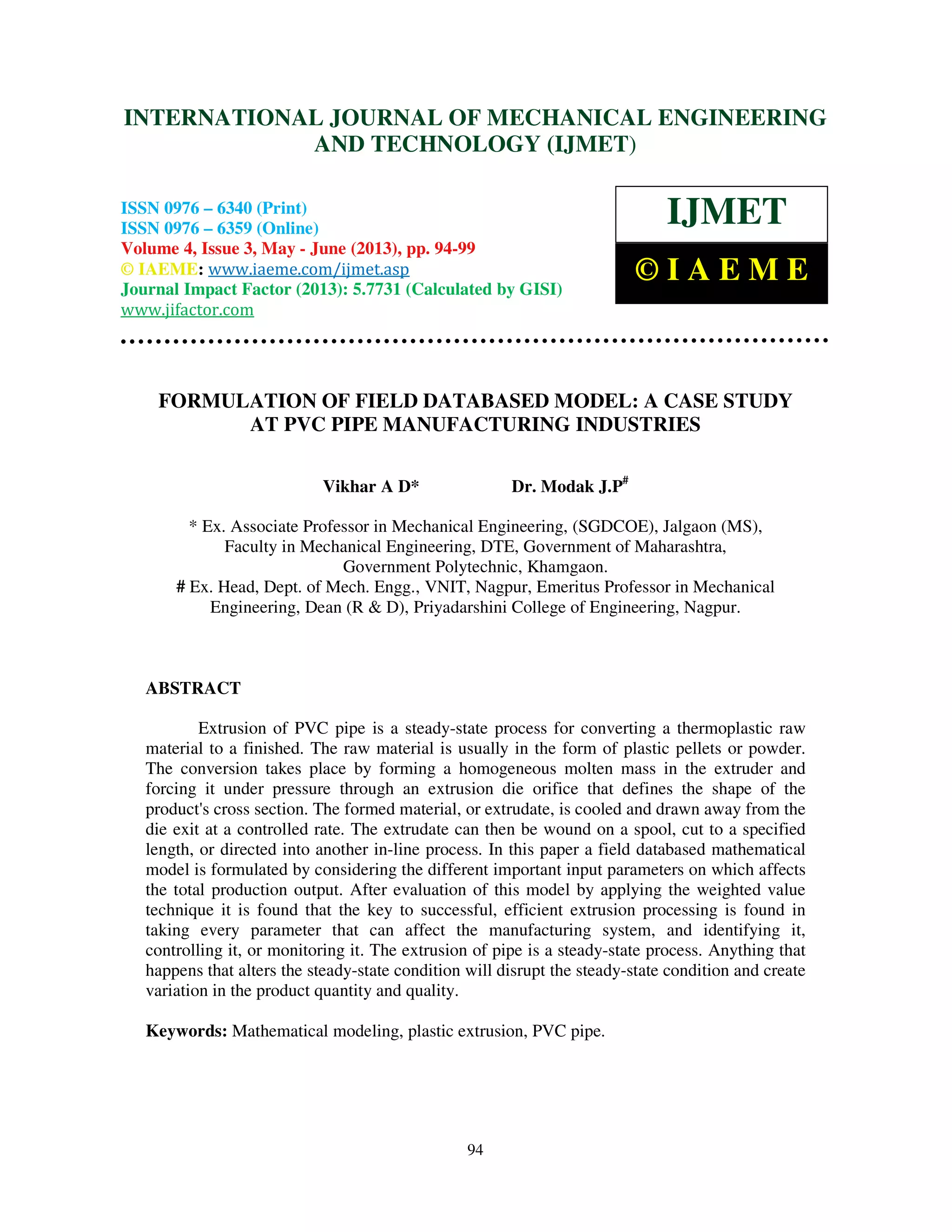 Formulation of field databased model a case study at pvc pipe manu | PDF