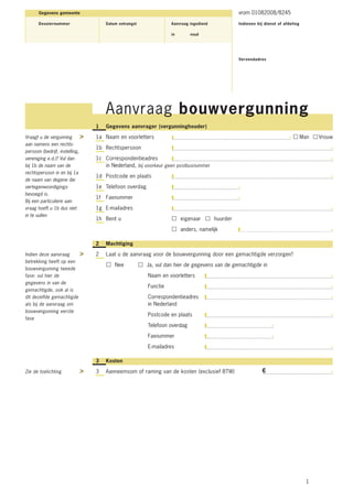 Formulier Aanvraag Reguliere Bouwvergunning Leeg | PDF