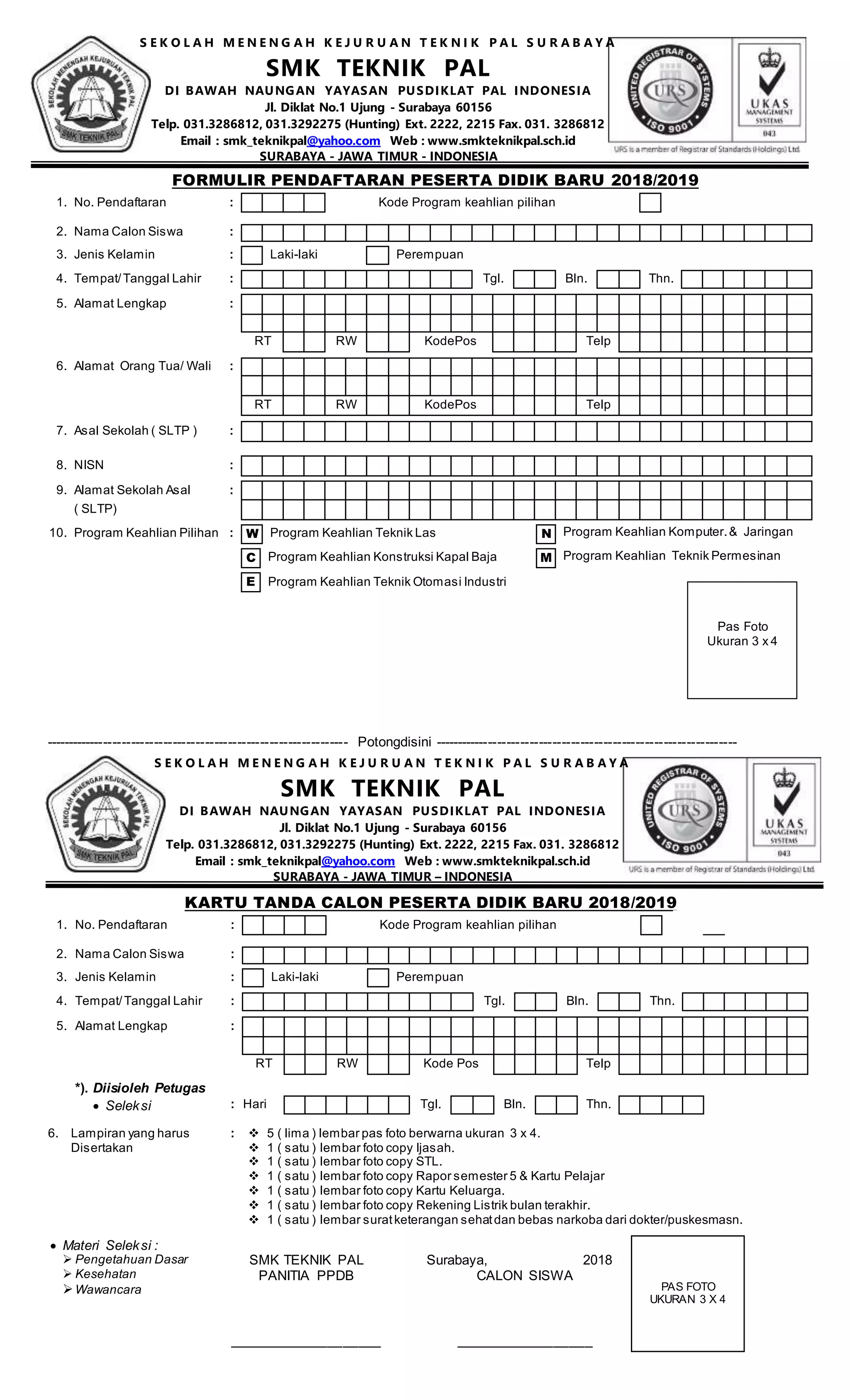 Formulir PPDB SMK Teknik PAL 2018 | DOCX