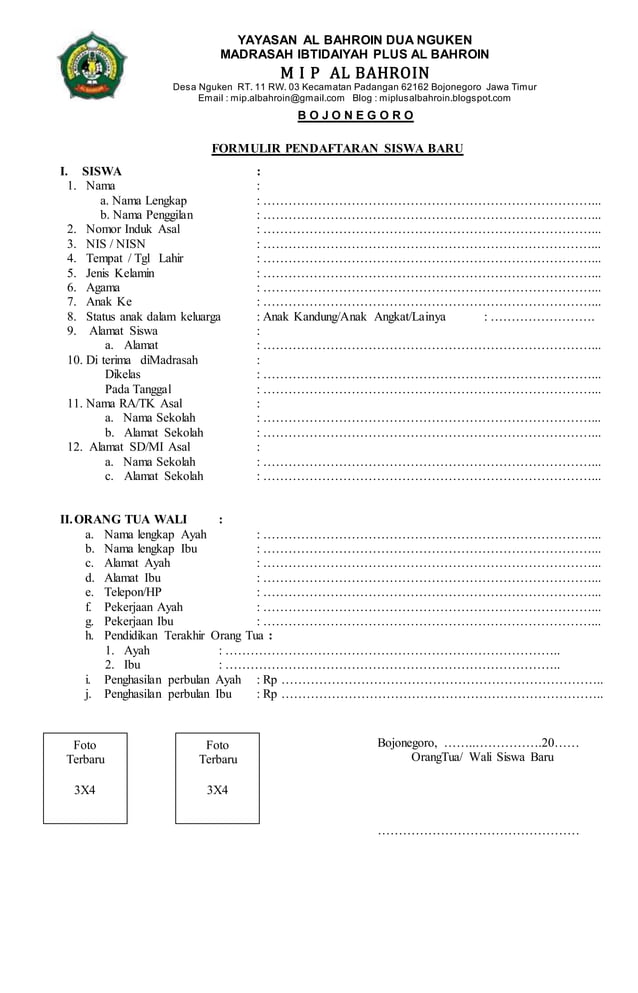 Formulir pendaftaran-siswa-baru-mi-al-bahroin | PDF