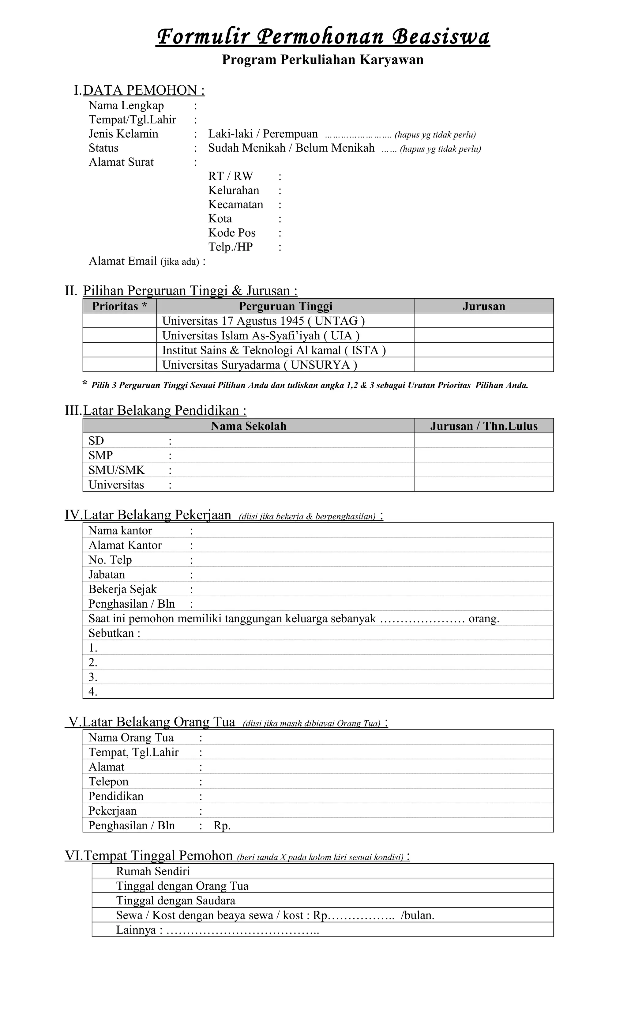 Formulir beasiswa | DOC