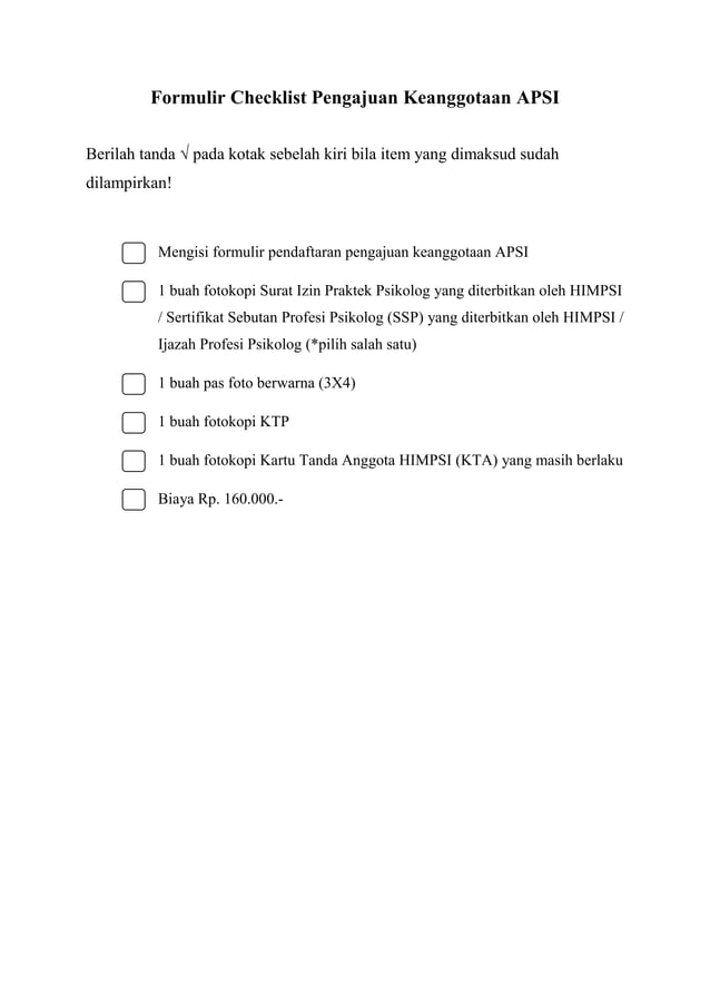 Formulir checklist pengajuan keanggotaan apsi | PDF
