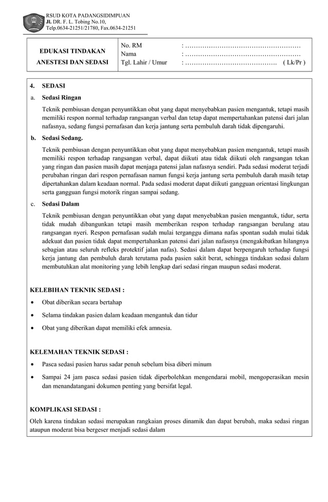 Formulir edukasi tindakan anestesi dan sedasi | PDF