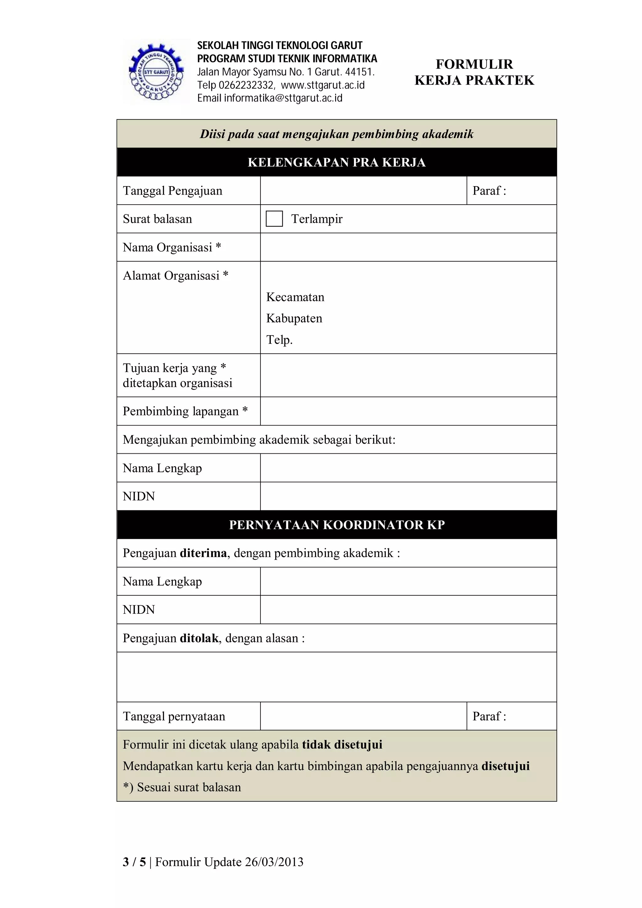 Formulir kerja praktek | PDF