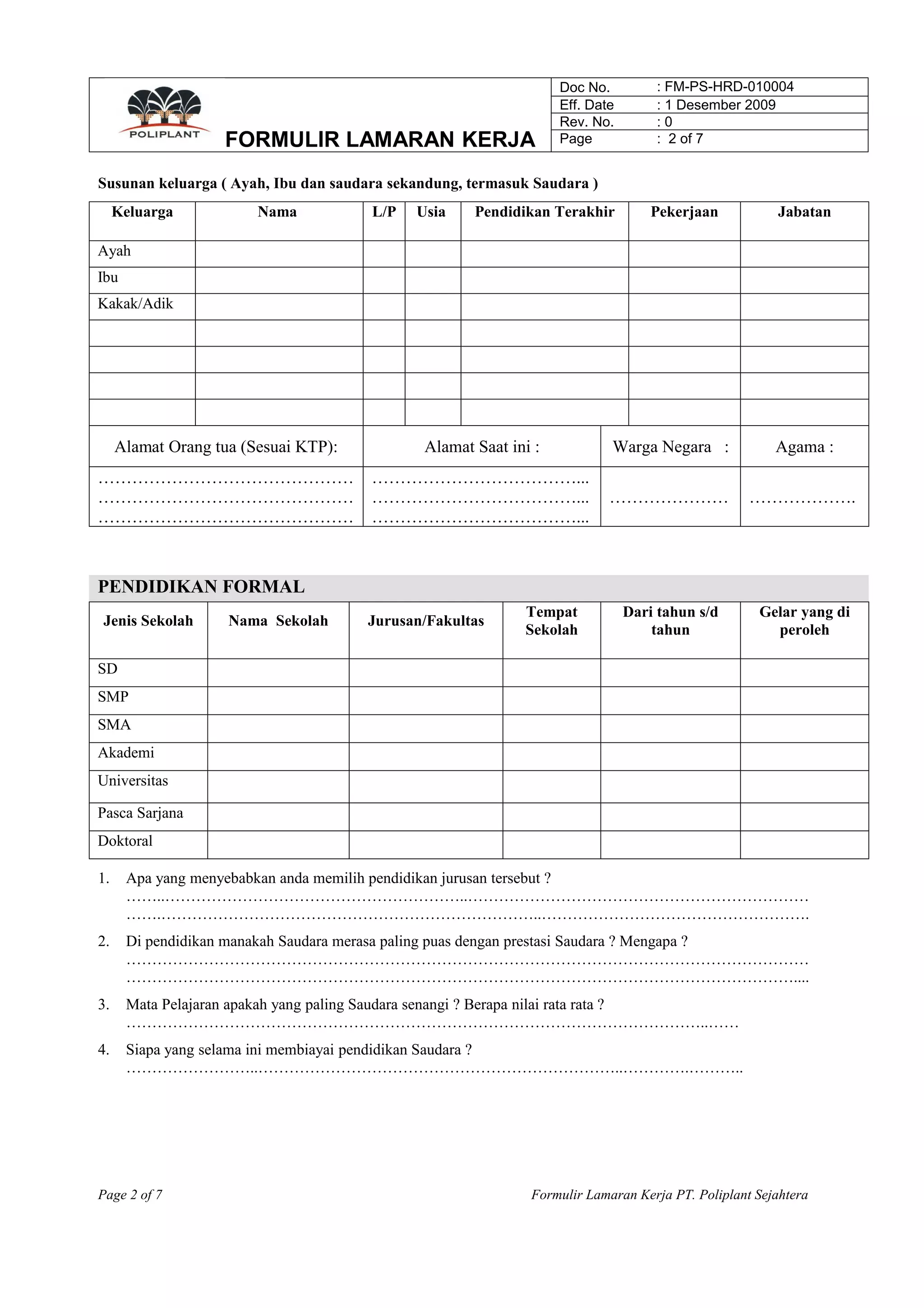 Formulir lamaran kerja iso | DOC