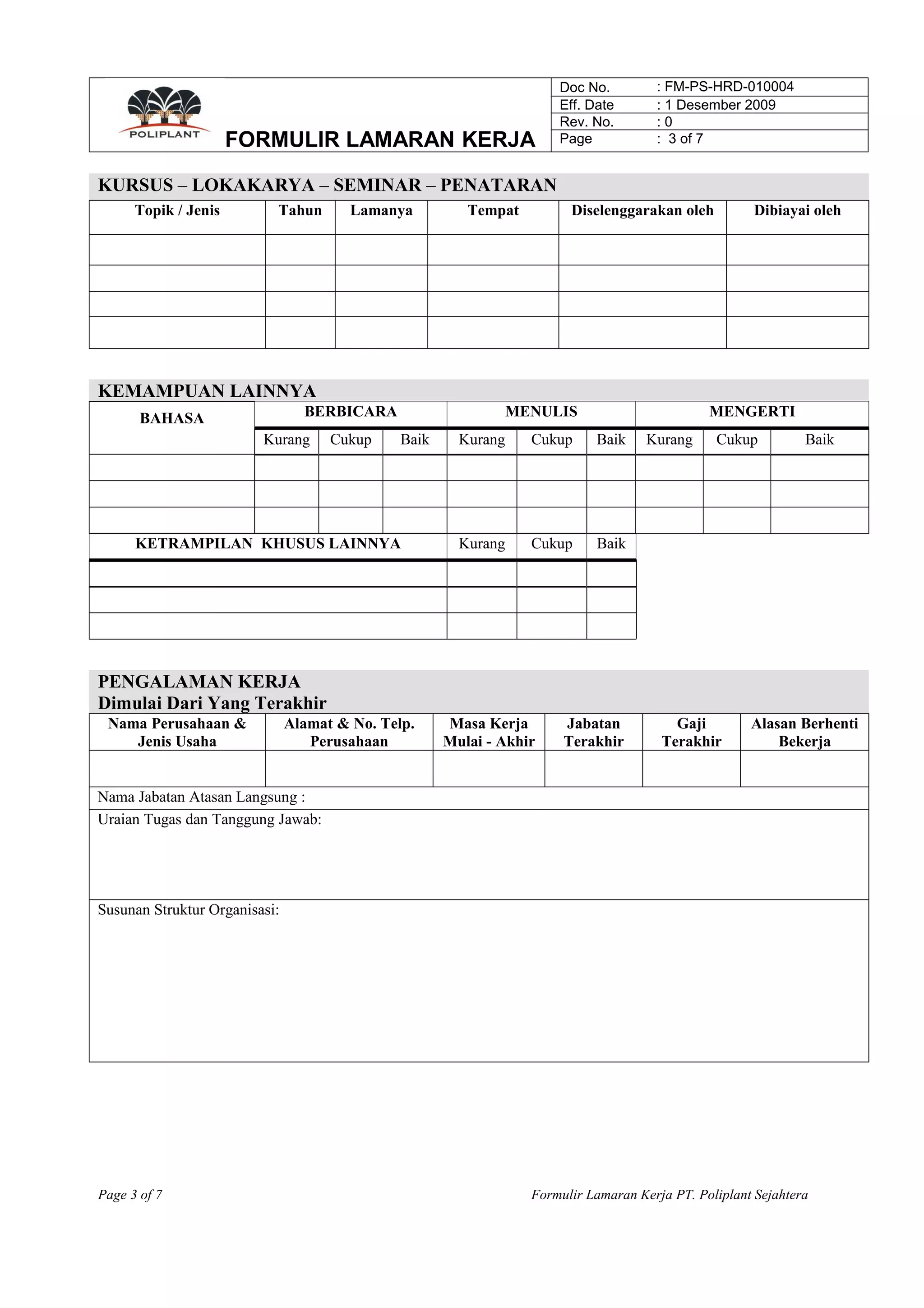 Formulir lamaran kerja iso | DOC