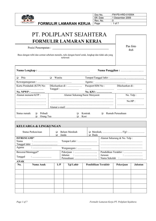 Formulir lamaran kerja iso | DOC