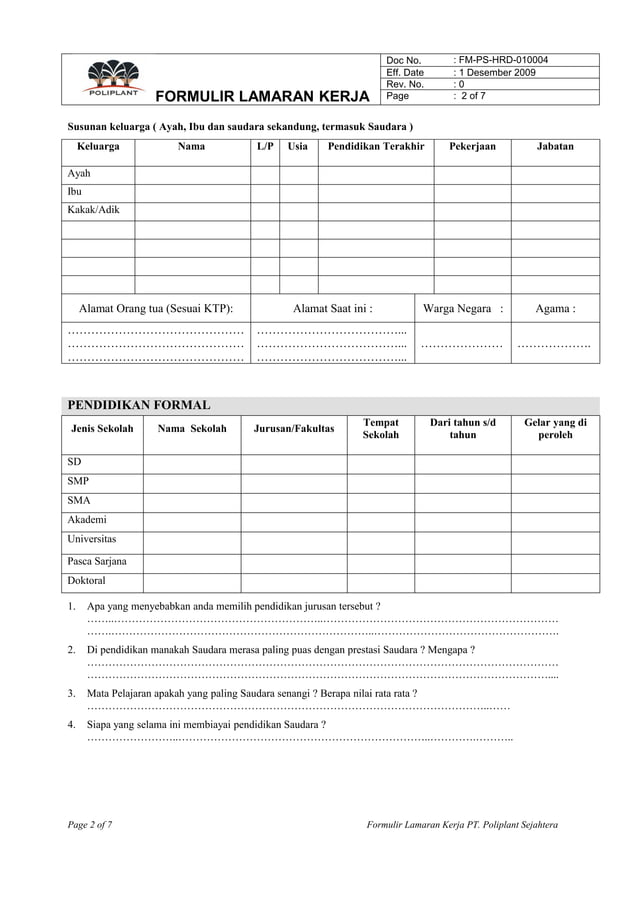 Formulir lamaran kerja iso | DOC