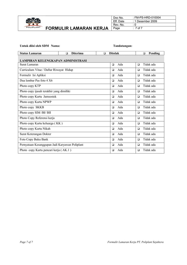 Formulir lamaran kerja iso | DOC